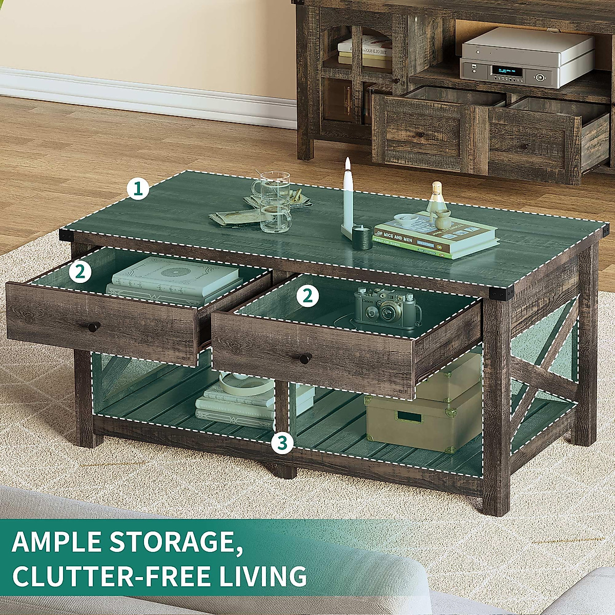 YITAHOME Coffee Tables for Living Room,Farmhouse Coffee Table with Storage,Wood Rustic Cocktail Table with 2 Cabinets,Industrial Center Table with Sturdy Shelf,Dark Rustic Oak