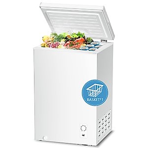 R.W.FLAME Chest Freezer 2.8 Cubic Feet, Deep Freezer with Basket Adjustable Temperature, Energy Saving, Top open Door Compact Freezer, White