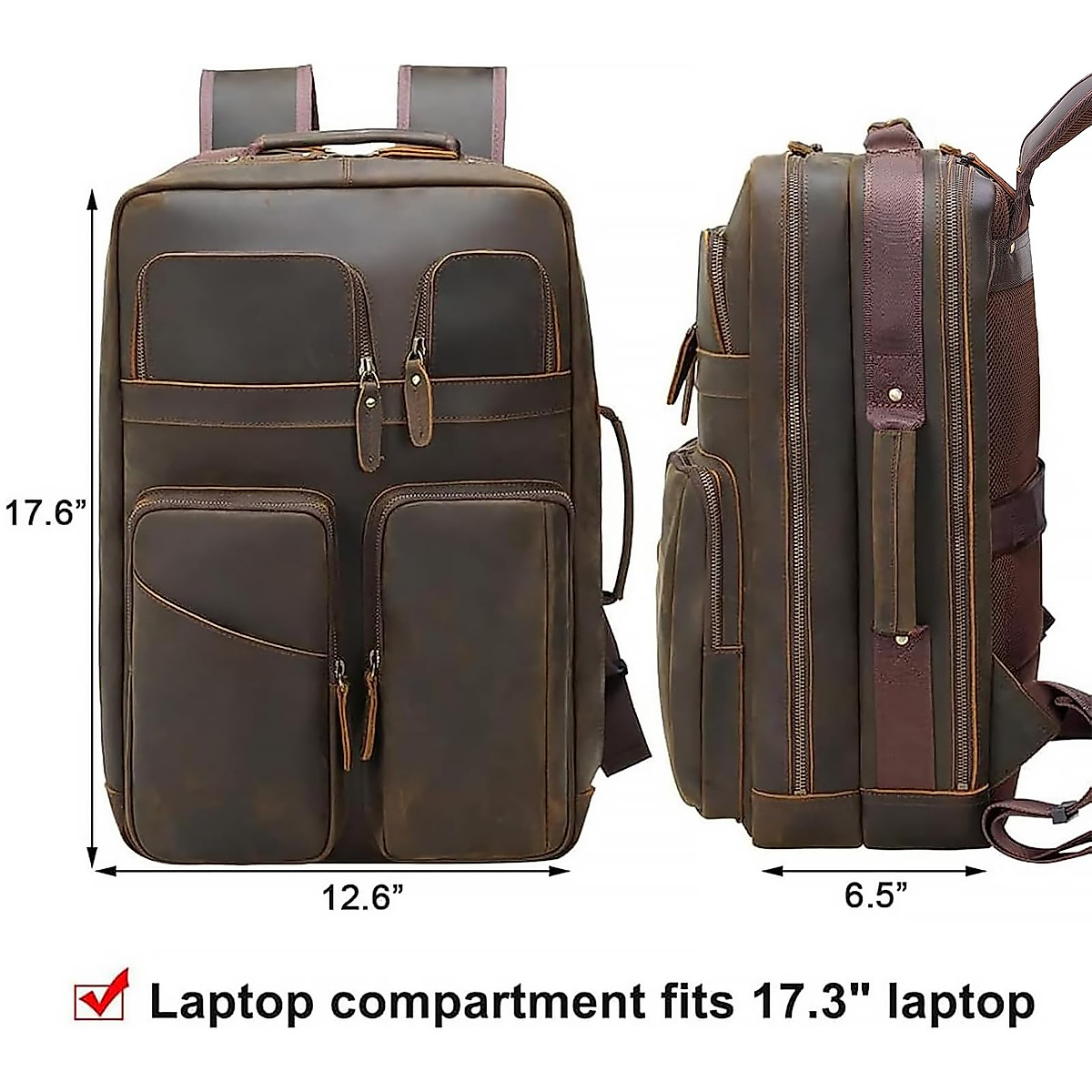 TIDING 17.3" Vintage Leather Laptop Backpack for Men Multi Pockets Casual School Daypack Travel Rucksack