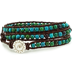 BLUEYES COLLECTION "Amicable Blue Mix Green ChrysocollaGemstone Beads Genuine Leather Bracelet, 3 Wraps