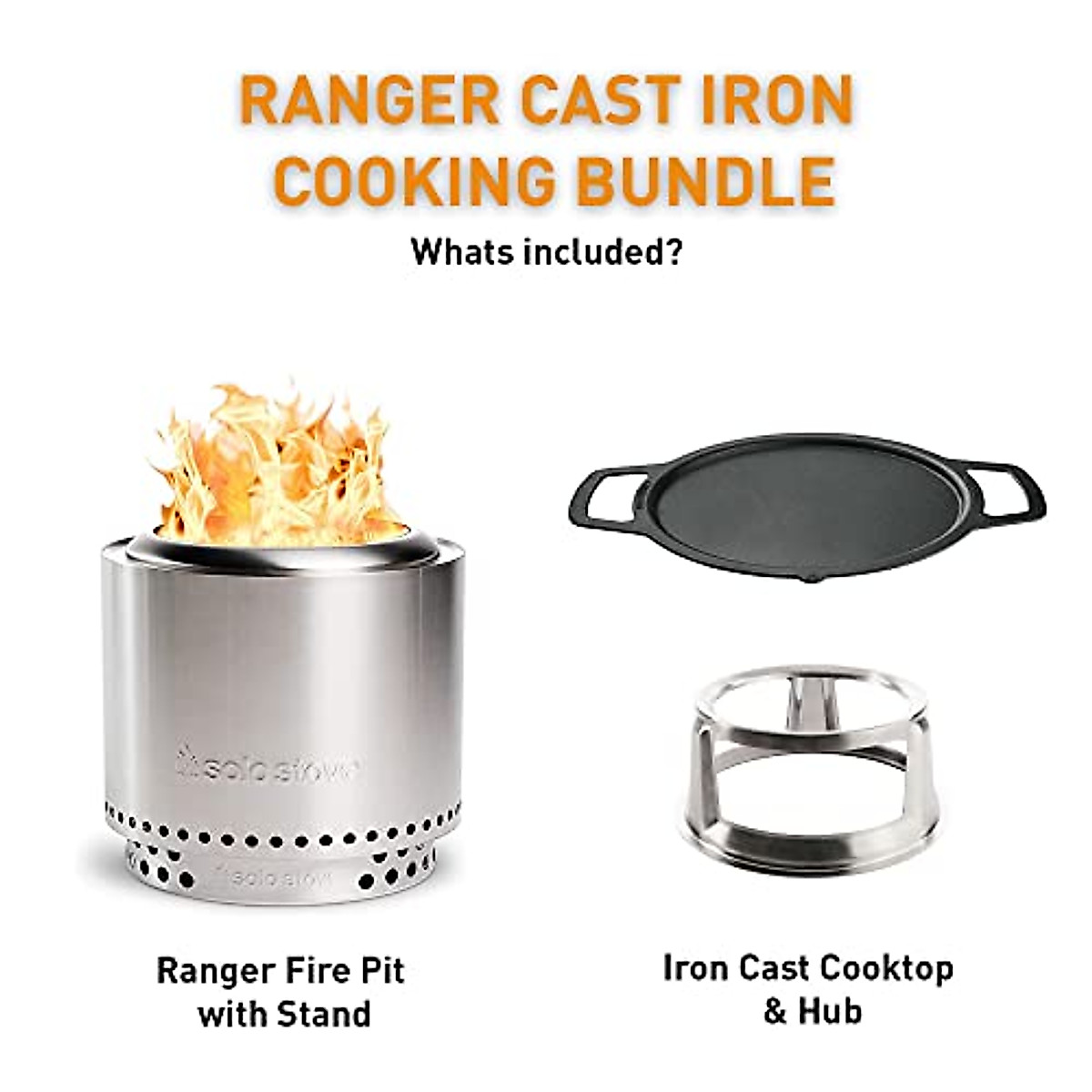 Solo Stove Ranger Cast Iron Griddle Cooking Bundle, incl. Stainless Steel Fire Pit + Stand, Cast Iron Griddle & Stainless Steel Hub for 6.5” Elevation, Height: 22 in, Diameter: 14.25 in, 31.1 lbs