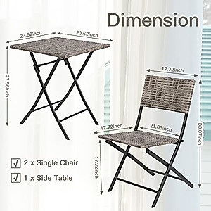 NURTUDIS 3pcs Folding Patio Bistro Set,Outdoor Rattan Bistro Table and Chairs,Wicker Outdoor Chair Furniture Set with 1 Table & 2 Chairs,No Assembly for Garden,Porch,Balcony,Courtyard,Lawn (Grey)