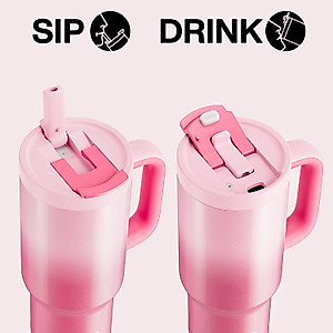 ENCOOL 32 oz Tumbler with Handle and Flip Straw, 100% Resistant Tumbler with Lid and Straw, Insulated Stainless Steel Travel Coffee Mug, Keeps Cold for 24 Hours, Cup Holder Friendly (Flamingo)