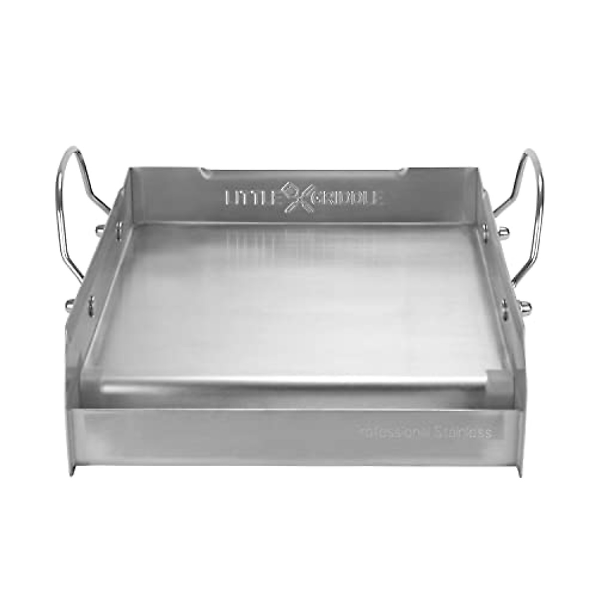 griddle-Q GQ120 100% Stainless Steel Medium-Sized Professional Griddle with Even Heating Bracing and Removable Handles for Charcoal/Gas Grills, Camping, Tailgating, and Parties (14"x16"x6.5")