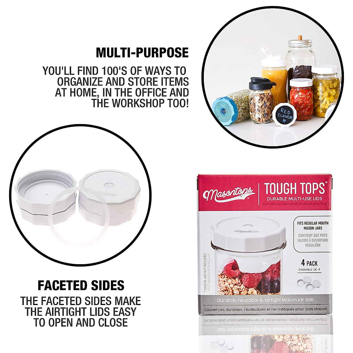 Masontops Tough Tops - Ball Regular Mouth Mason Jar Lids Plastic Leakproof - BPA-Free White Plastic Mason Jar Lids - Reusable Dry Canning Lids fit Ball Jars (Ball Mason Jars not included)