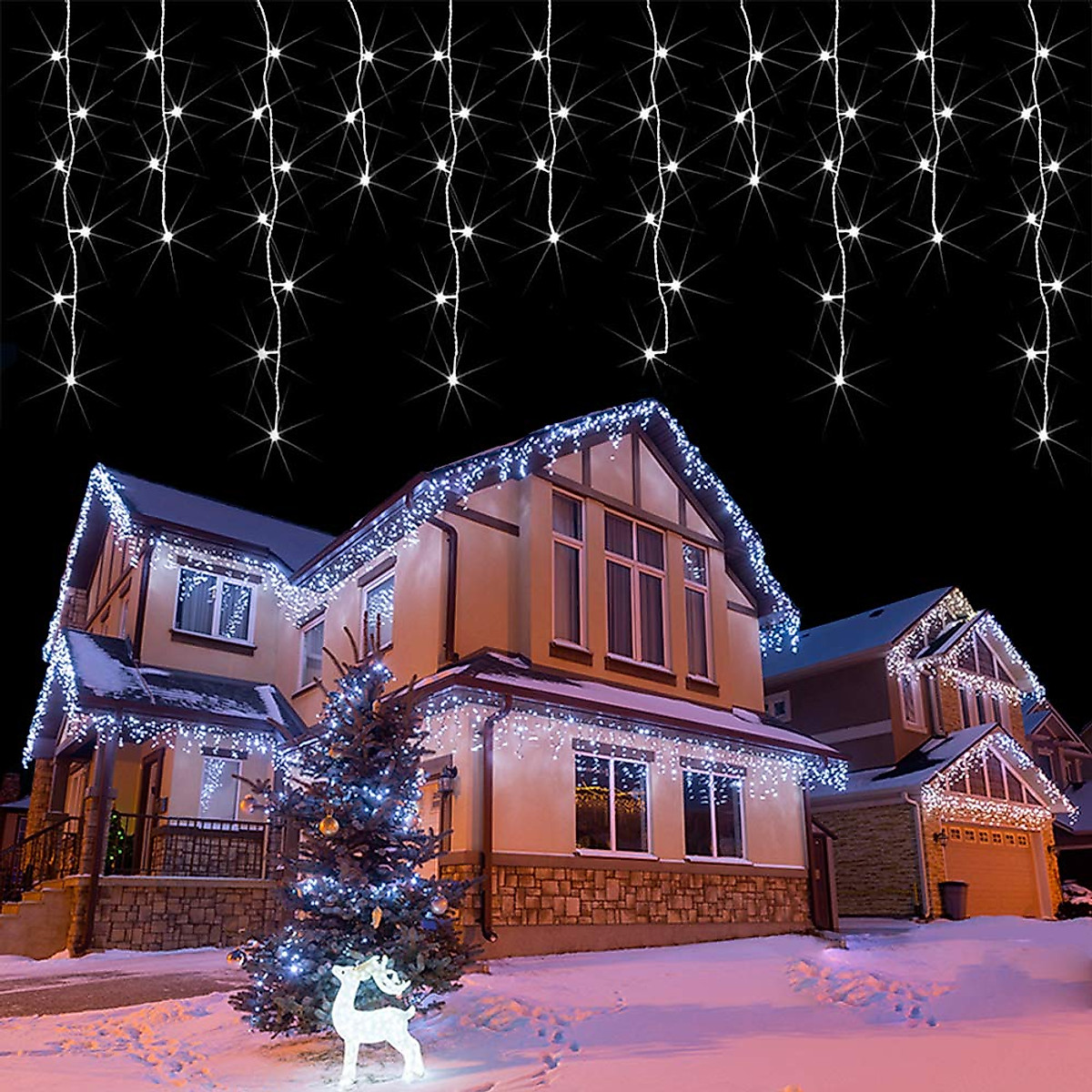 Icicle Christmas Lights Outdoor White - 32.8ft 300 LED Icicle String Lights with 8 Lighting Modes - Connectable Outside Icicle Lights for Xmas/Hourse/Garden/Wedding/Party/Patio/Eave Decorations - Cool