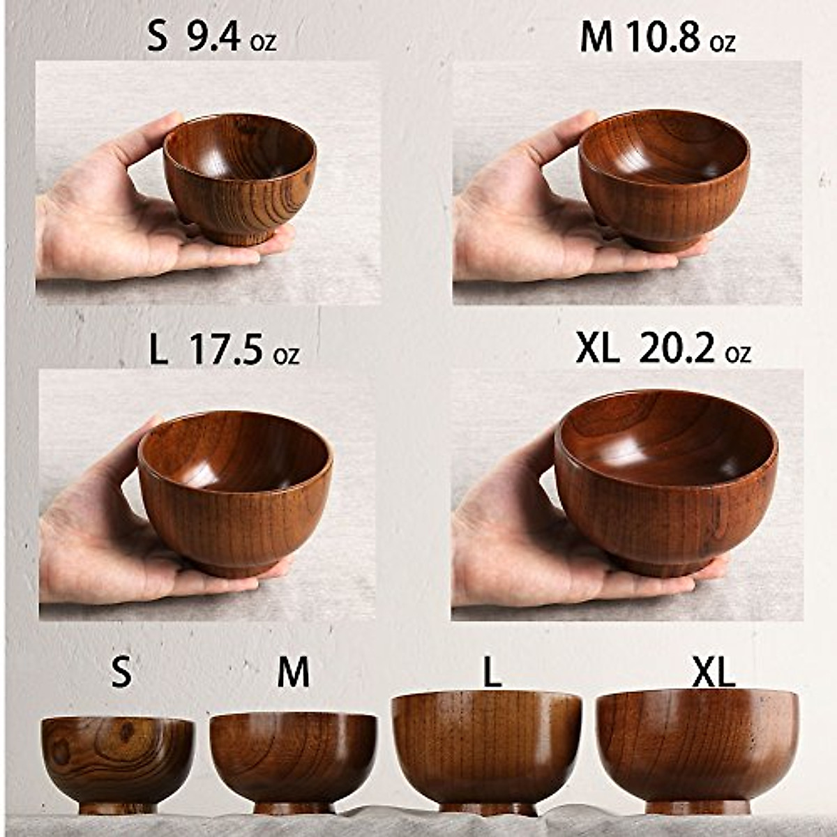 Cospring Handmade Wood Bowl, Mug, for Rice, Soup, Dip, Coffee, Tea, Decoration (4PCS Jujube Bowls, M: 4.5'' Dia x 2.6'' High)