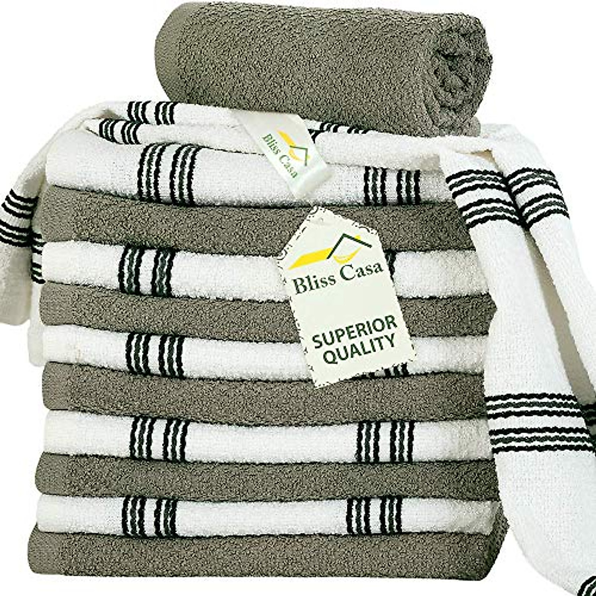 Bliss Casa Kitchen Towels and Dish Cloth Set (12 Pack, 15 x 25 Inch) – 100% Cotton Dish Towels for Kitchen Soft and Highly Absorbent – Tea Towels and Bar Towels for Daily Use (Stripe, Grey)