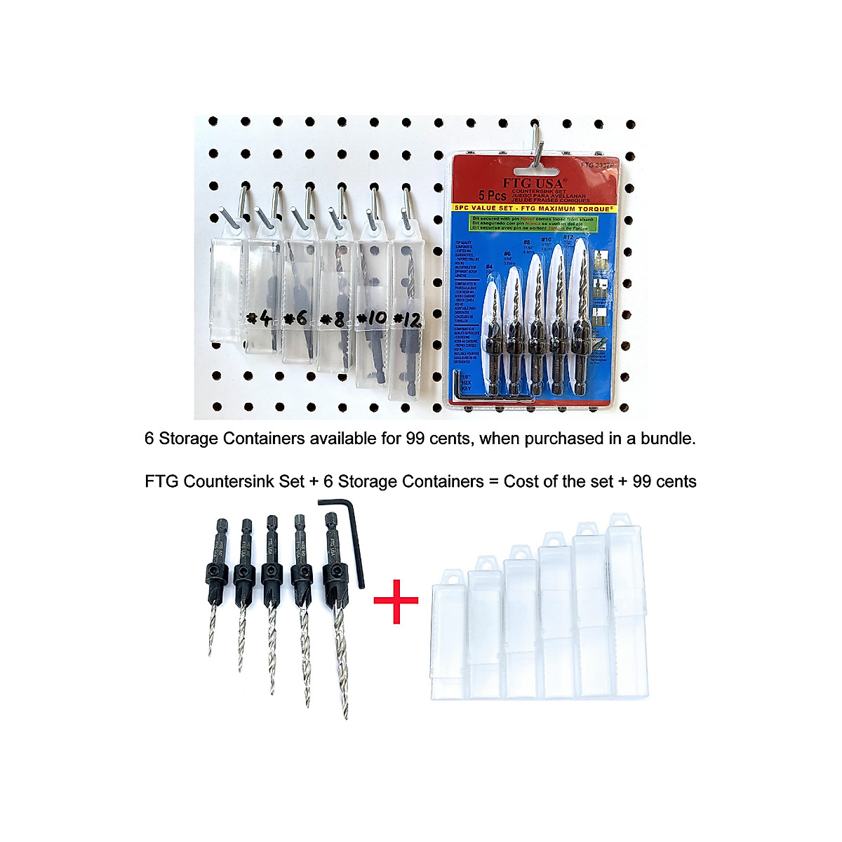 FTG USA Wood Countersink Drill Bit Set 5 Pc Countersink Drill Bit #4, 6, 8, 10, 12, with 6 Storage Containers for Tapered Countersink Drill Bits with 1/4" Hex Shank Quick Change and Allen Wrench