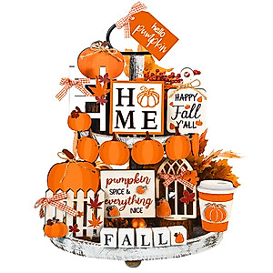 Set of 15 Fall Tiered Tray Decor Pumpkins Farmhouse Decor Autumn Maple Leaf Table Centerpieces Thanksgiving Harvest Wood Blocks Signs for Home Decor(Cute Style)