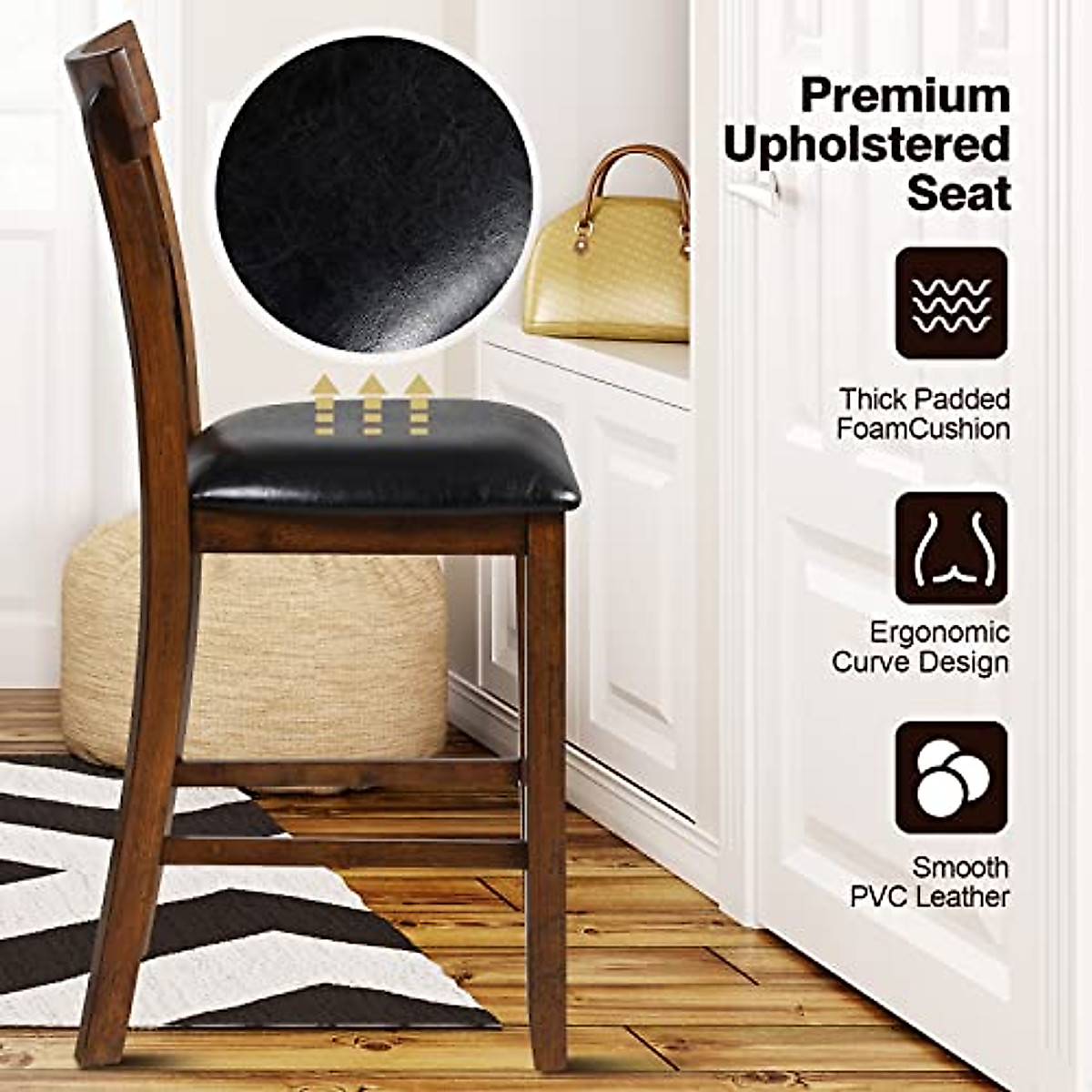 NAFORT Counter Height Bar Stools Set of 4, Farmhouse 25.5” Solid Wood High Dining Chairs with Cushion, Counter Stools with Back for Kitchen Restaurant Bar, Rubberwood Legs & Black PU Leather Cushion