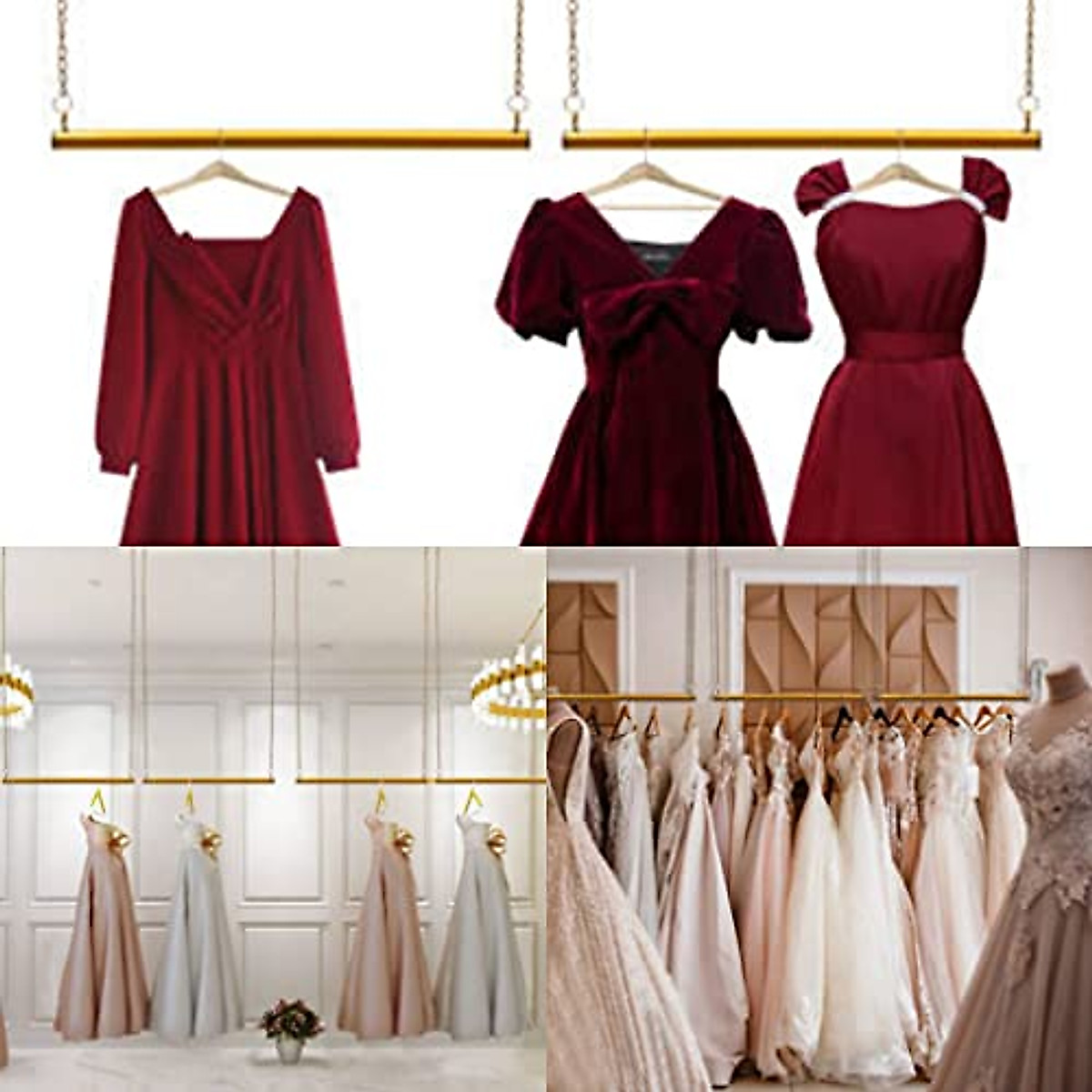 2 Pcs 24"Boutique Retail Hanging Clothing Racks Adjustable Height, Metal Garment Rack Heavy Duty Wedding Dress Display Gold Clothes Rack Ceiling Hanger Storage Shelves Commercial Creative Iron Chain