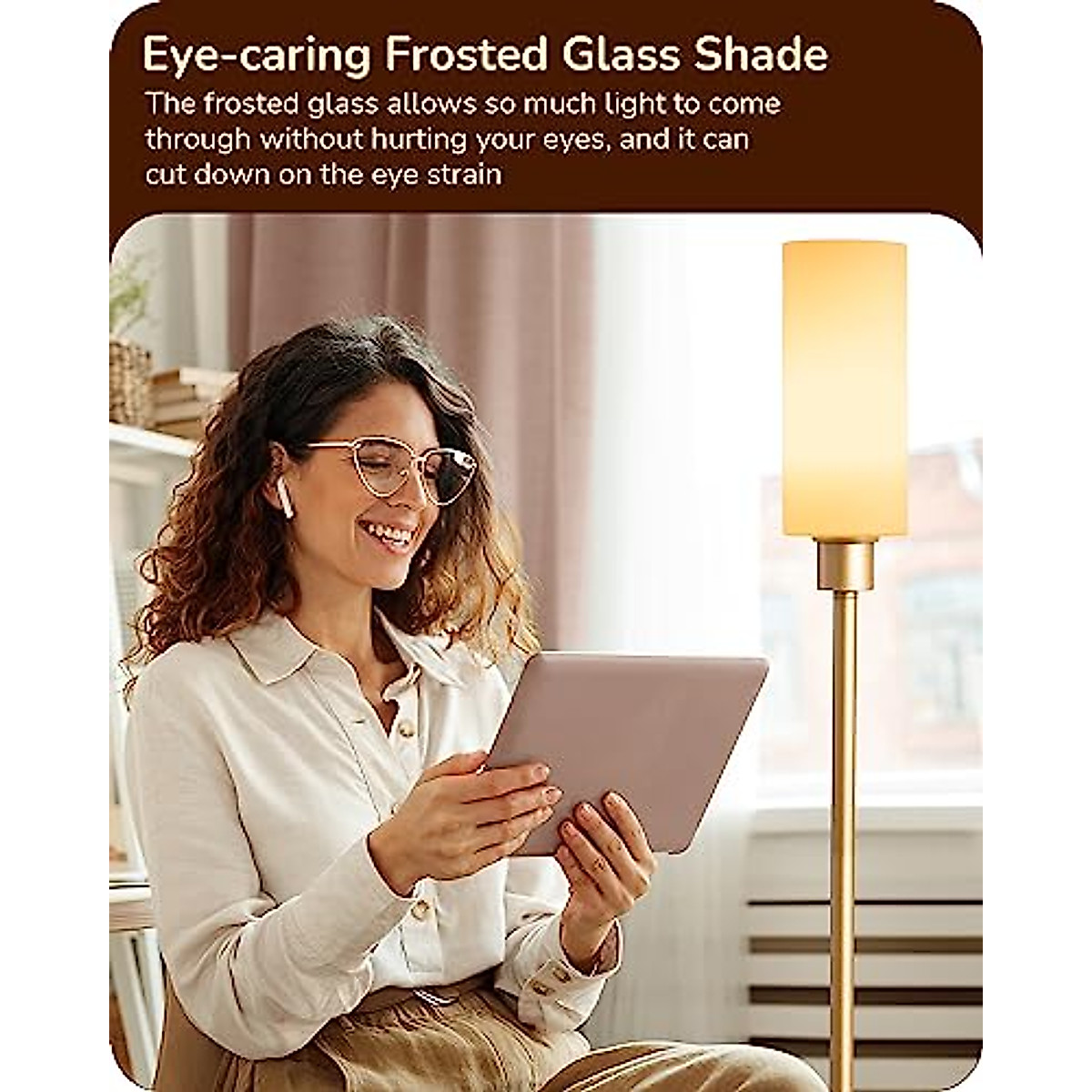 EDISHINE LED Corner Floor Lamp with Glass Lampshade, Modern Dimmable Lamp with Remote, 5 CCT, 65" Tall Standing Light for Living Room, Bedroom, Office, Bulb Included (Gold)