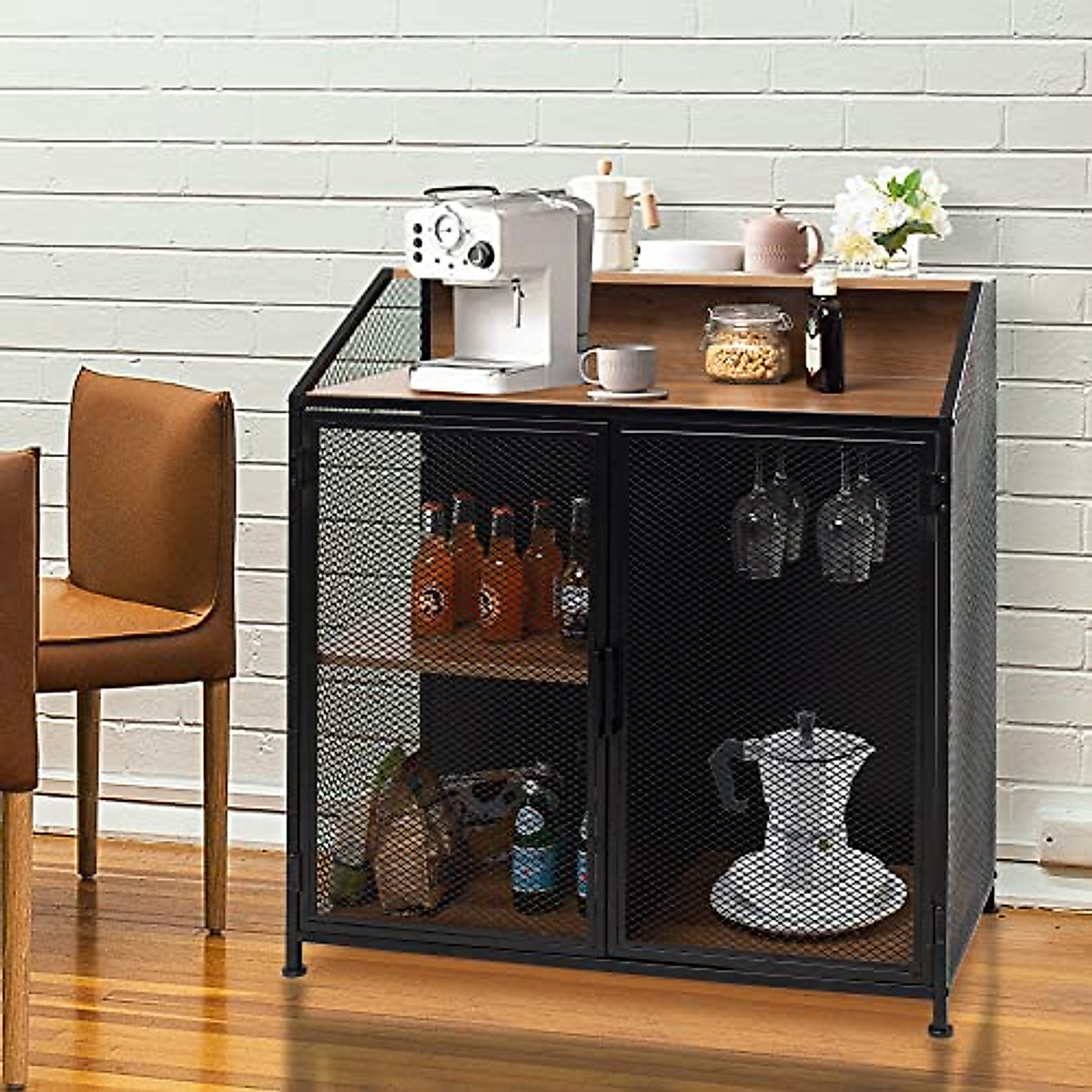 NSdirect Metal Coffee Bar Storage Cabinet, Industrial Bar Cabinet with Metal Mesh Doors, Coffee Bar Sideboard for Wines and Liquors, 33 Inch, with Wine Rack