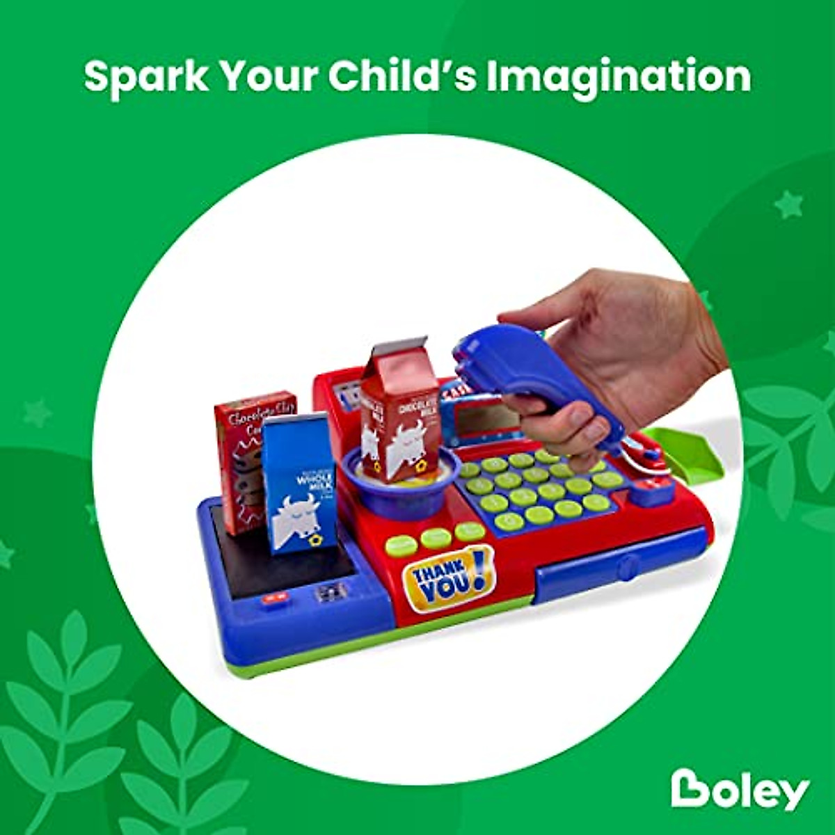 Boley Kids Toy Cash Register Set - Interactive 19pc Red Playset with Scanner, Microphone, Calculator, Play Money, Credit Card Reader, Grocery Items, Ideal for Boys & Girls Ages 3+