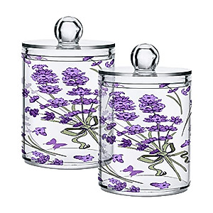 xigua Purple Flowers 2 Pack Qtip Holder Dispenser with Lid,Apothecary Jars Plastic Cotton Swabs Cans Clear Bathroom Storage Canister for Cotton Ball, Cotton Swab, Cotton Round Pads, Floss389