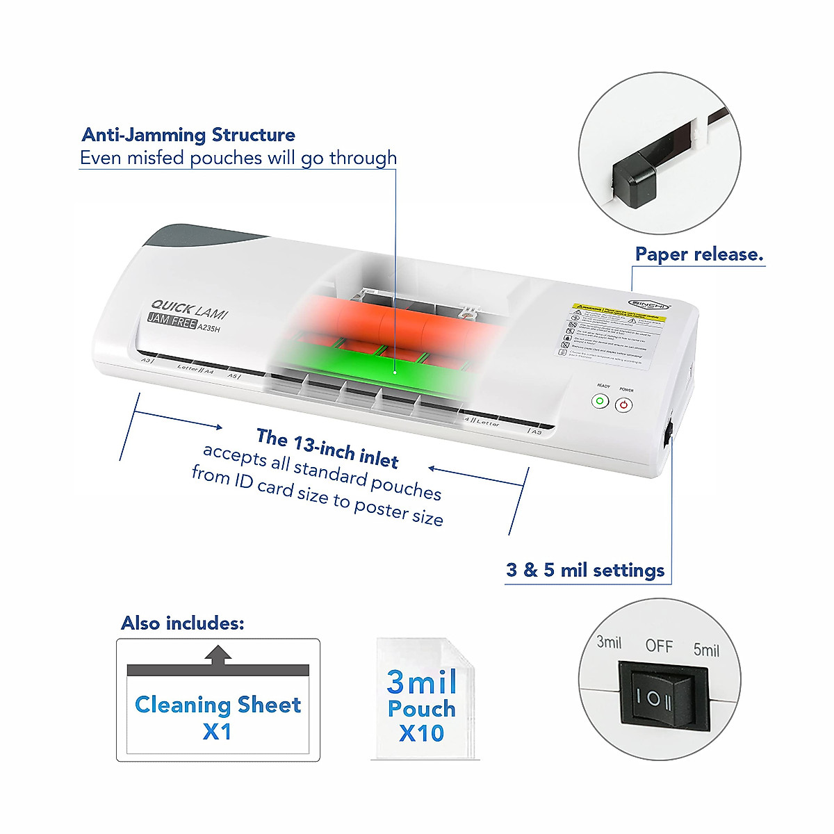 SINCHI 40-Second Warm-up, 3-5 mil, 13-inch Laminator & 3 Mil 200 Pack & 5 Mil 100 Pack Laminating Sheets