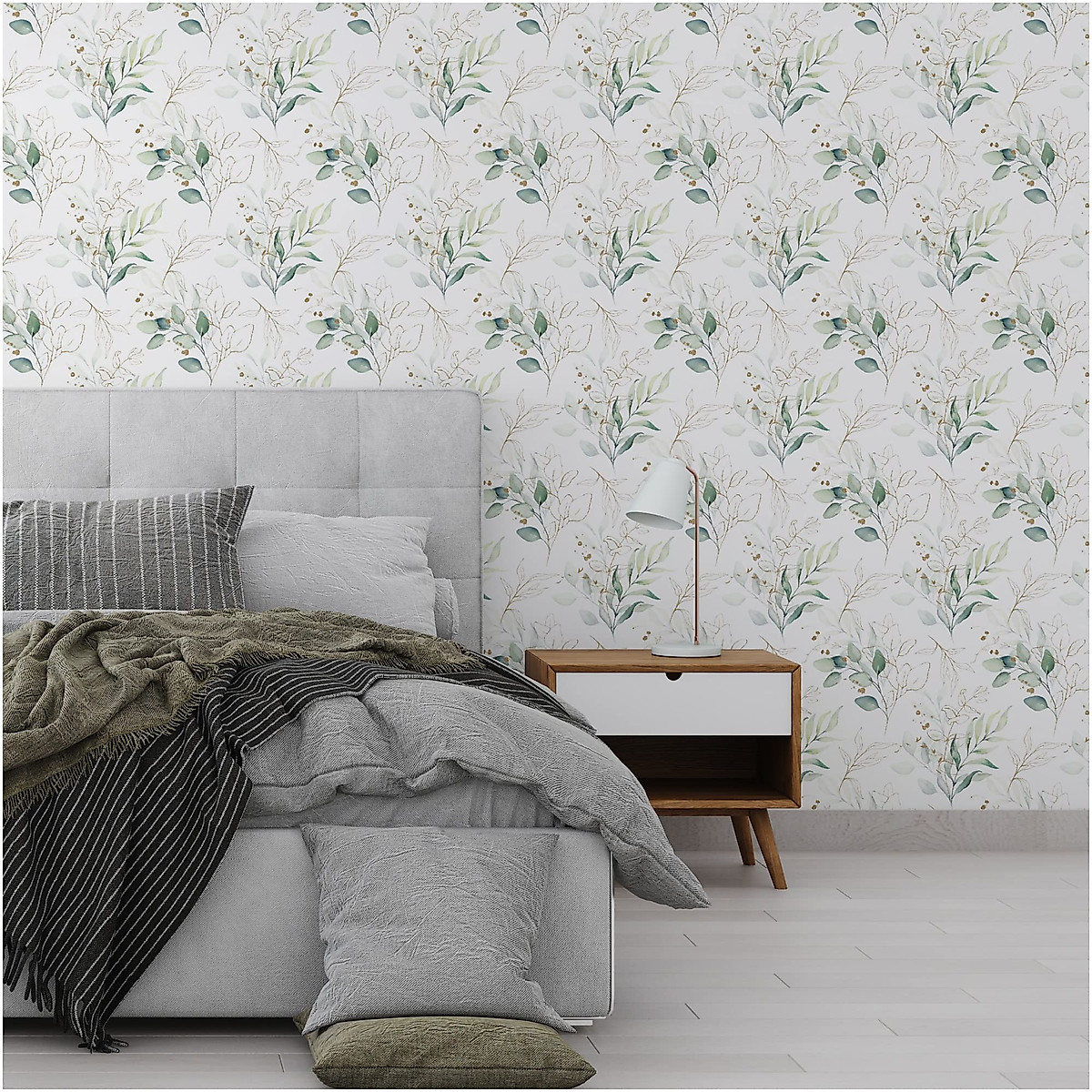 UniGoos Gold Edge Foliage Peel and Stick Wallpaper Green Leaves Vinyl Removable Contact Paper Abstract Branch Leaf Self-Adhesive Wall Paper Roll for Cabinet Living Room DIY Decor 17.7" x118.1"