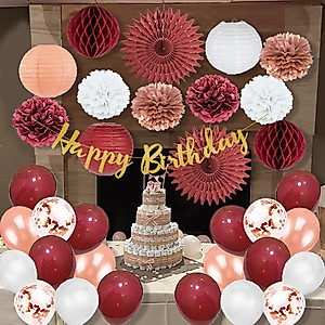 Rose Gold and Burgundy Birthday Party Decorations Rose Gold and White Pom Poms Lanterns Fans Balloons Decor Kit Burgundy Birthday Decorations for Women with Happy Birthday Banner Cake Topper Gold