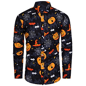 TUNEVUSE Mens Halloween Long Sleeve Shirt Scary Pumpkin Casual Button Up Shirt Funny Bat Costumes for Adult Black 3X-Large