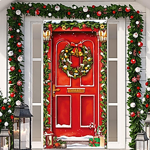 Leyndo Christmas Door Cover Decoration Merry Christmas Red Door Cover Backdrop Xmas Party Photography Background Holiday Door Hanging Cover Door Cover Banner for Outdoor Home Indoor Winter New Year