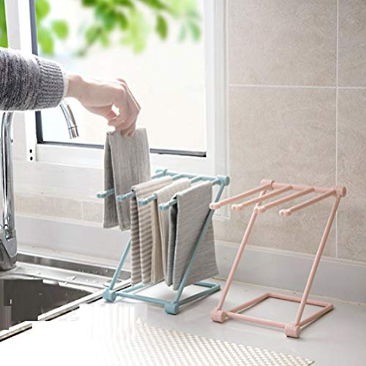TOPBATHY Foldable Towel Rack Stand Kitchen Towel Stand Countertop Cloth Rack for Kitchen Bathroom Home (Light Pink)