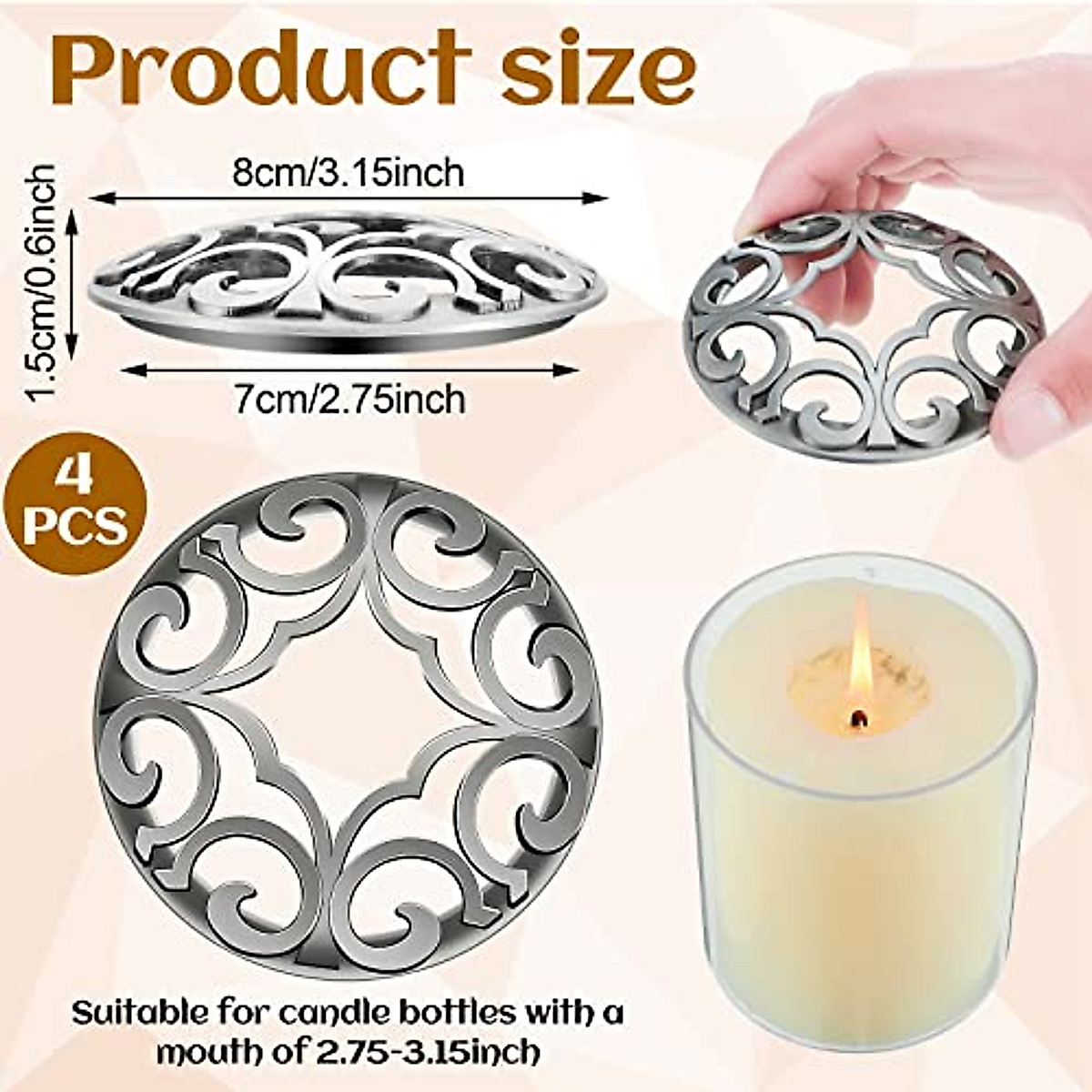 4 Pcs Candle Toppers Jar Candle Cover Scented Candle Toppers to Burn Evenly Large Jar Candle Shades Jar Candle Sleeve Jar Candle Accessories Jar Candle Lid Candles Gifts for Candle Lover, Silver