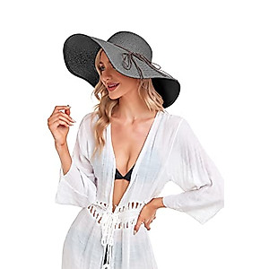 Women Wide Brim Straw Hats,Folable Floppy Sun Hats for Women Uv Protection,Summer Beach Packable Sun Hats UPF 50+ Black