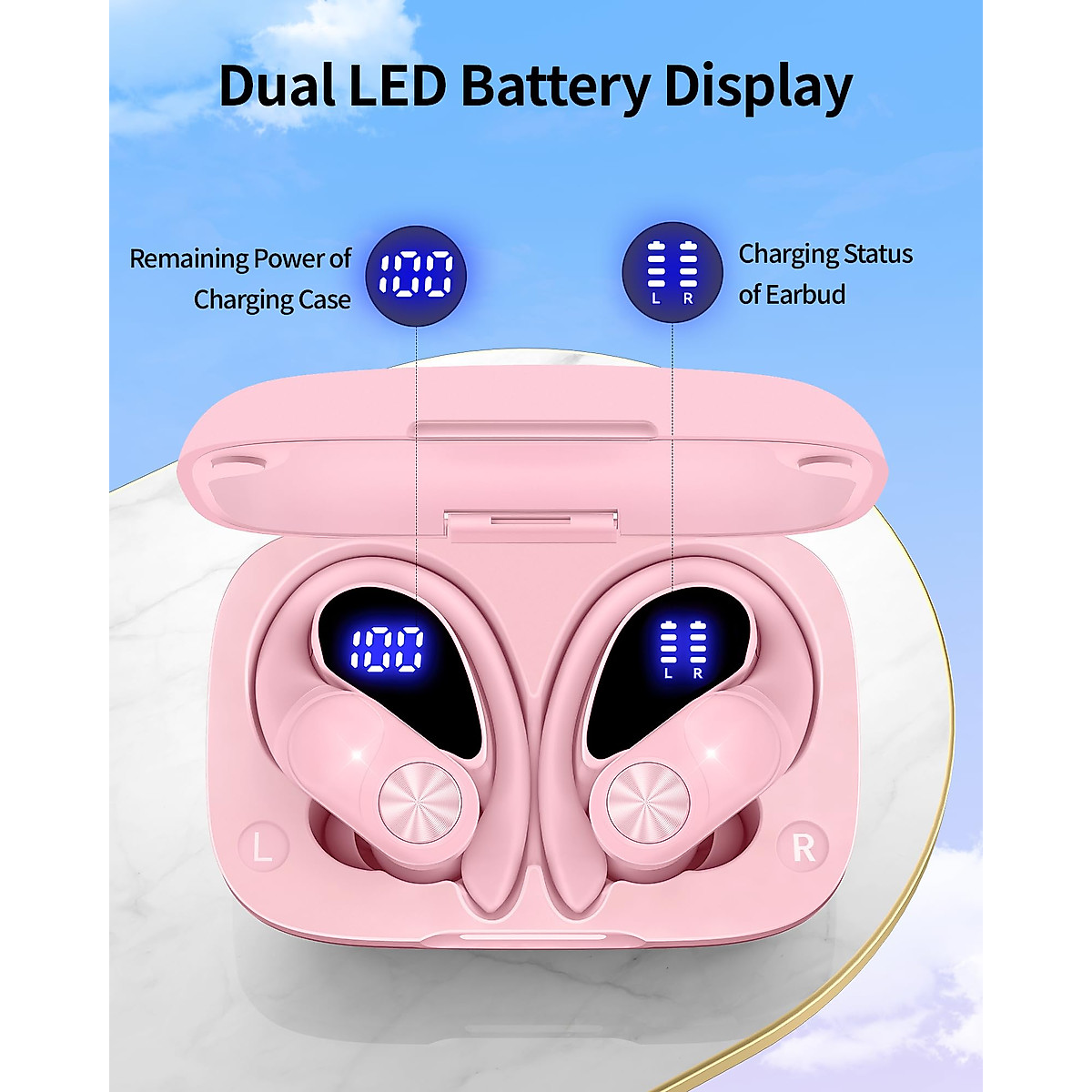 Bluetooth Headphones Wireless Earbuds 80hrs Playtime Wireless Charging Case Digital Display Sports Ear buds with Earhook Premium Deep Bass IPX7 Waterproof Over-Ear Earphones for TV Phone Laptop Pink