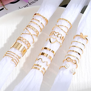 Uarein 22Pcs Gold Boho Stackable Knuckle Rings Set - Heart, Pearl, Butterfly, Vintage, Adjustable Statement Rings - Jewelry Gifts (A)