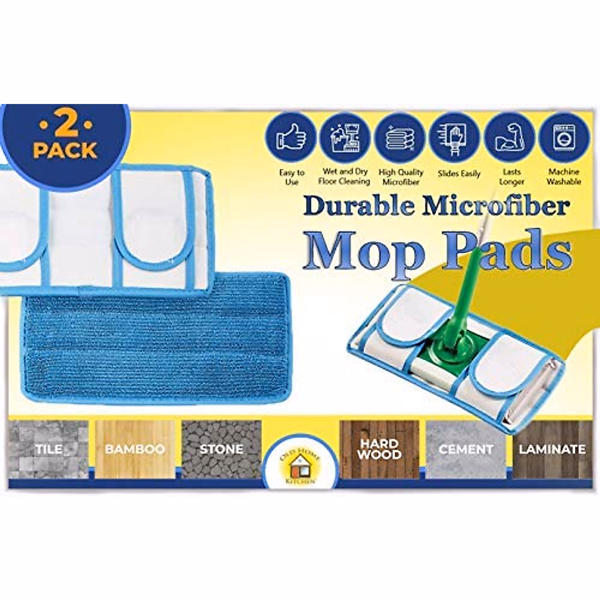 Old Home Kitchen Reusable Microfiber Mop Pads | Durable Machine Washable Refills | Compatible with Swiffer Dry Mops | Flat Mop Pads for Efficient Floor Cleaning | 2 Pack
