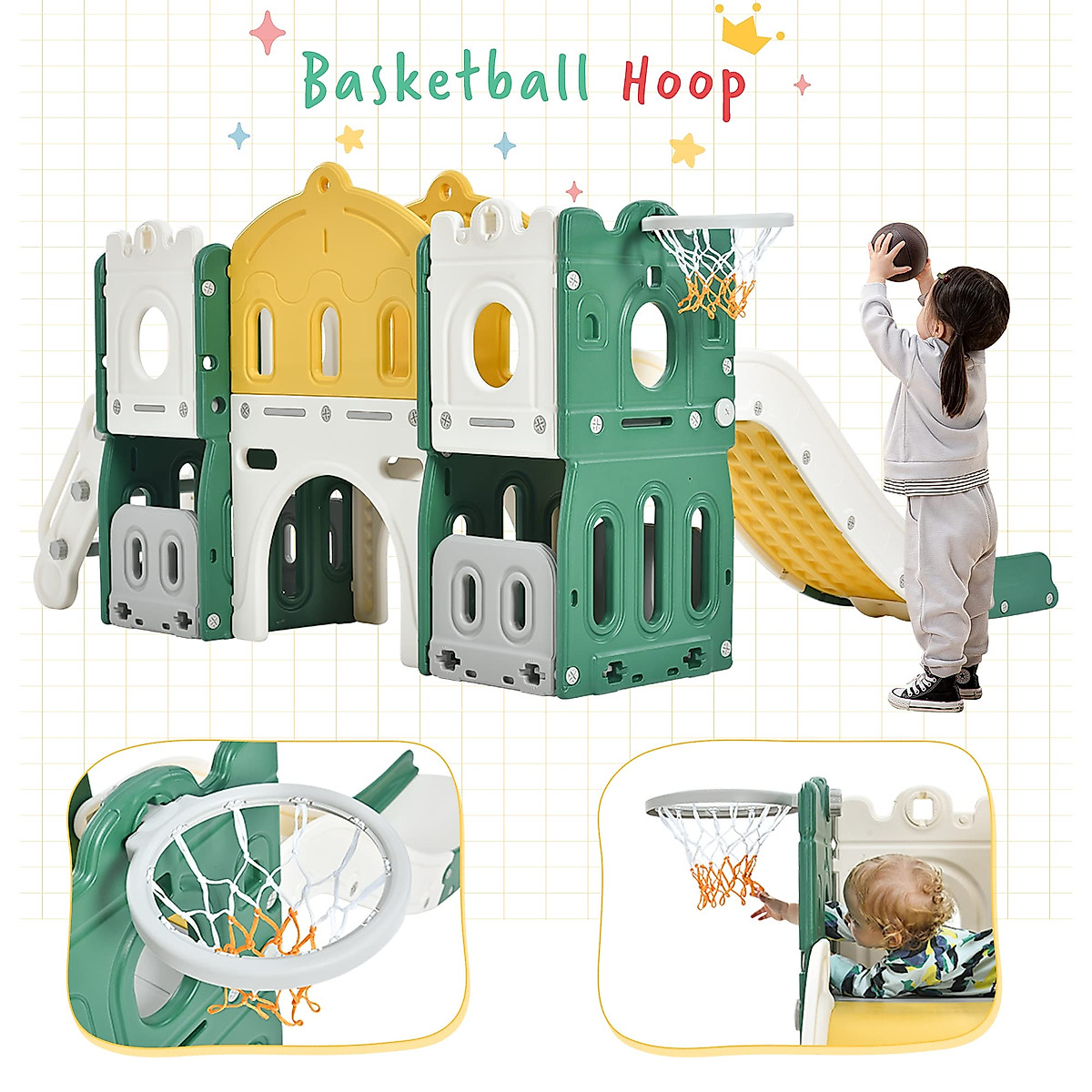 Merax 6-in-1 Kids Slide with Climber, Basketball Hoop, Tunnel and Storage Space, Outdoor Indoor Slide Playset for Toddlers Age 1+