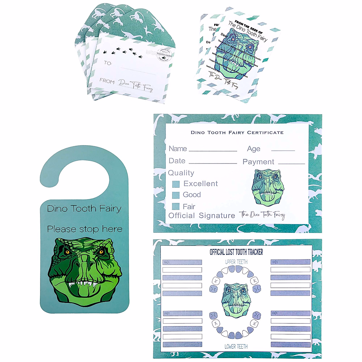 Morxy Tooth Fairy Letter Kit – Dinosaur Theme Tooth Fairy Certificate and Tooth Tracker – Keepsake Letter from The Tooth Fairy – 92 Piece Tooth Fairy Letter Set with Door Hanger