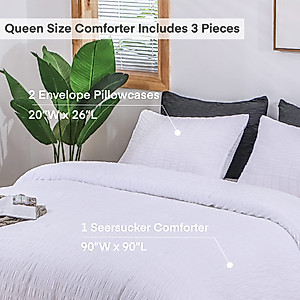 AveLom Seersucker Queen Comforter Set (90x90 inches), 3 Pieces - 100% Soft Washed Microfiber Lightweight Comforter with 2 Pillowcases, All Season Down Alternative Comforter Set for Bedding, White