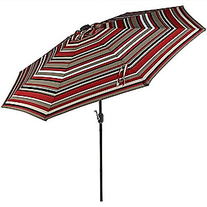 Sunnydaze 9 Foot Outdoor Patio Umbrella with Solar Lights & Tilt/Crank, LED, Awning Stripe