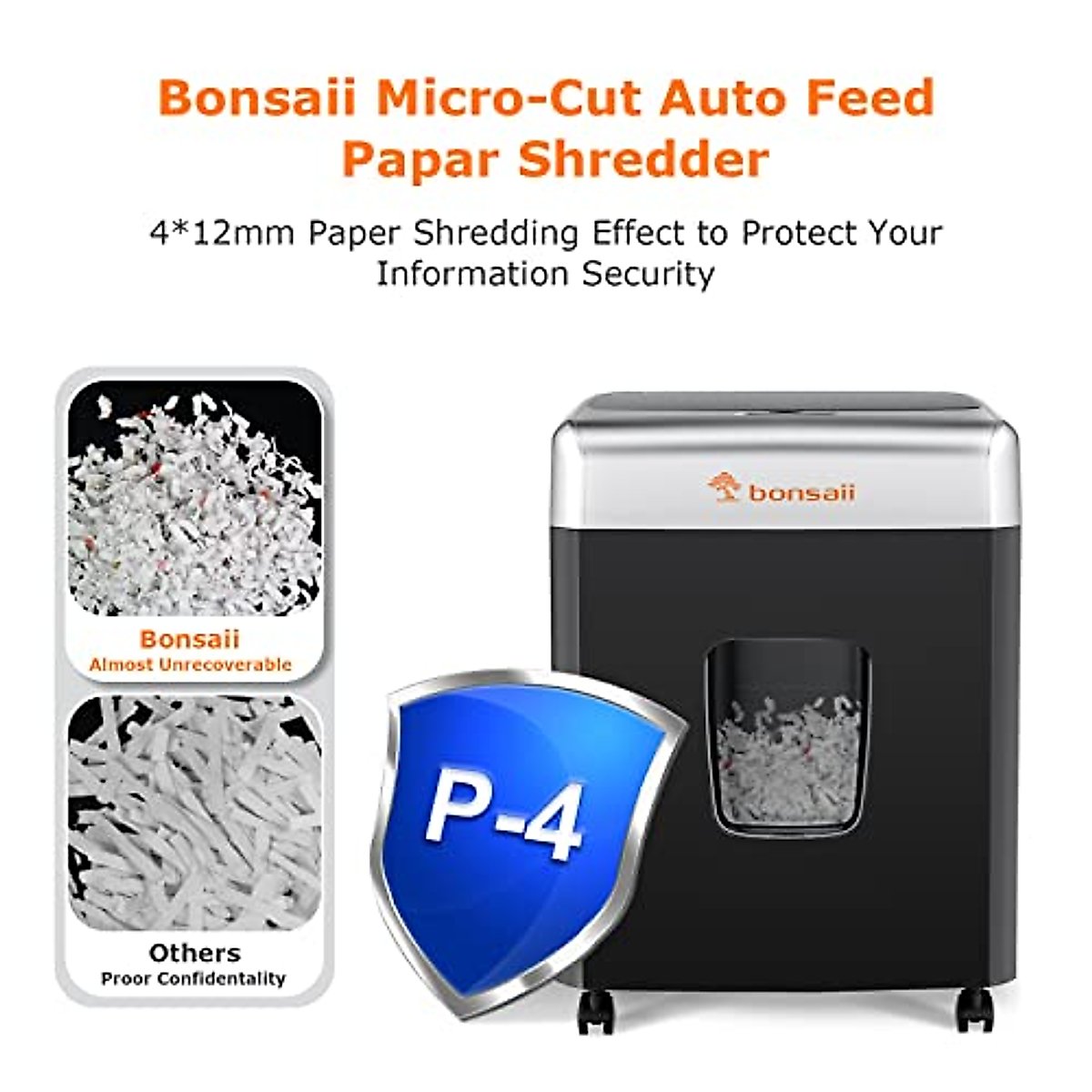 Bonsaii Paper Shredder for Office, 110-Sheet Autofeed & 12-Sheet Manual Micro Cut Heavy Duty Paper Shredder, P-4 Auto Feed Paper and Credit Card Shredder with 4 Casters, 6.1 Gal Transparent Bin C233-B