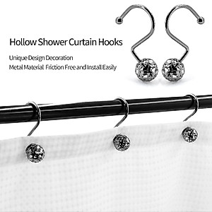 MitoVilla Silver Metal Shower Curtain Rings and Hooks, Chrome Metal Hollow Ball Rust Proof Rings for Curtain Liner and Bathroom Shower Rod Accessories