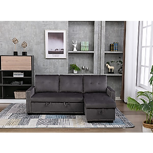 SONGG 77" L-Shape Sectional Sofa w/Storage Chaise, Velvet Reversible Convertible Couch with Pull Out Bed, Removable Cushions, Button Tufted Backrest, for Living Room, Office, Dark Gray