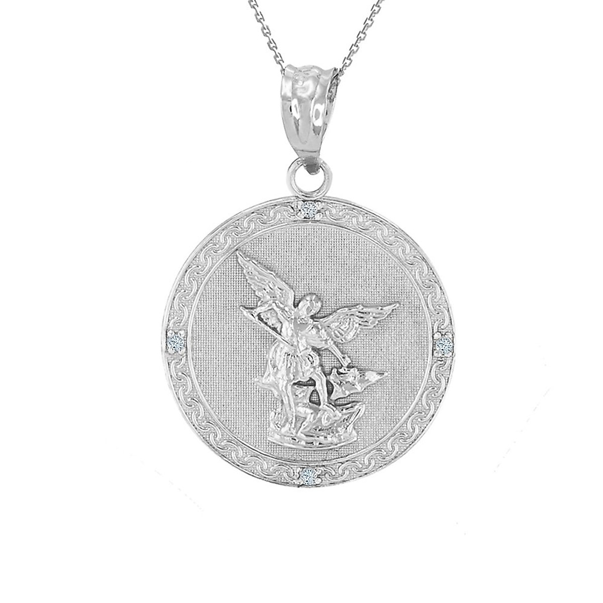 .925 Sterling Silver Saint Michael The Archangel Cubic Zirconia Medal Pendant (1"), 18"