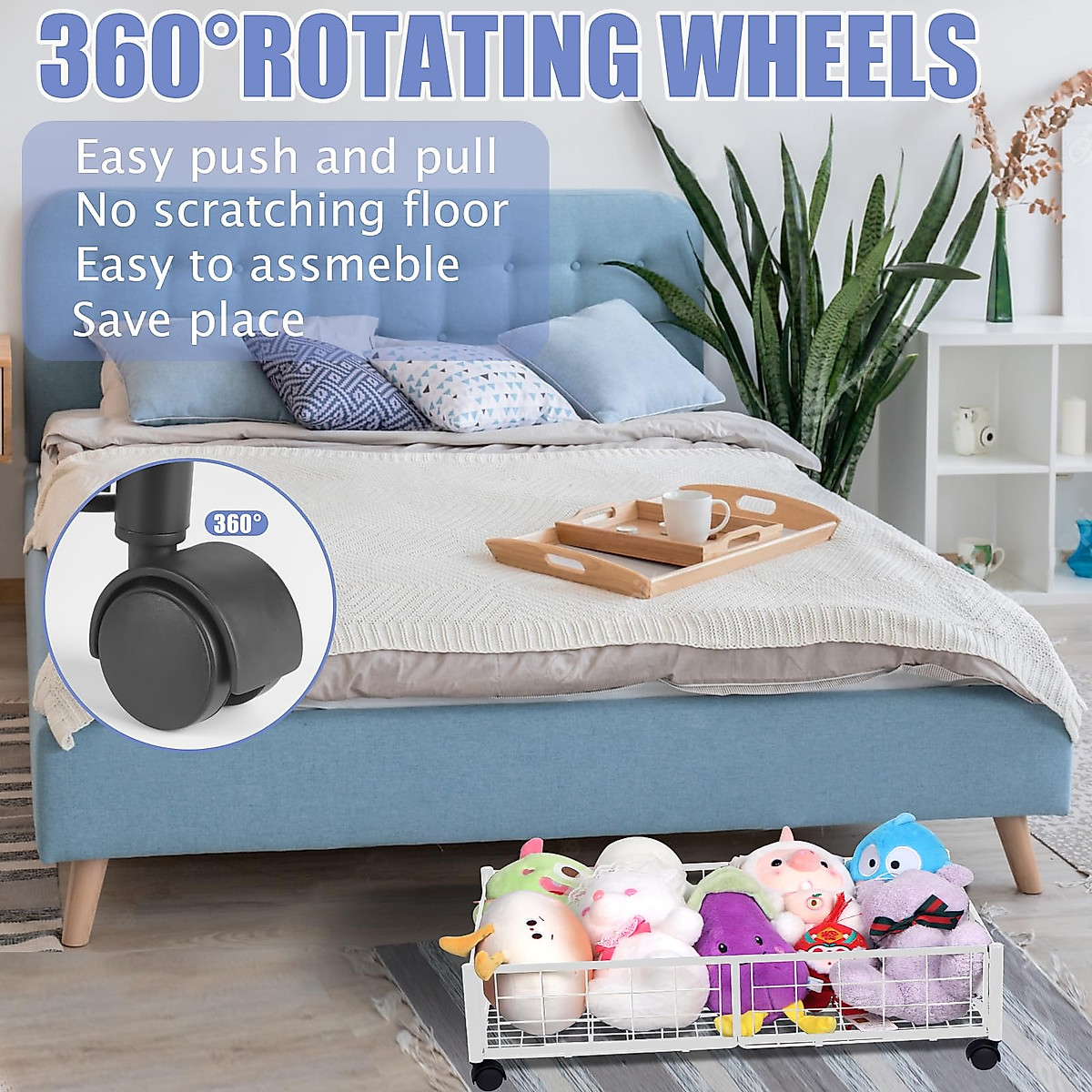 Kmise Underbed Storage With Wheels,2 Pcs Metal Under Bed Storage Containers For Bedroom Clothes Blankets Toy Book Bedding Shoes Storage Organizer (White, 2 Pcs)