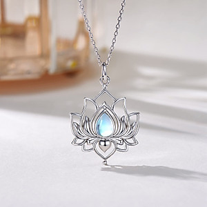 Moonstone Lotus Necklaces for Women,925 Sterling Silver Lotus Pendant Necklace with Rainbow Moonstone, Sterling Silver, Moonstone