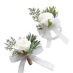 WEISPARK Ivory Rose Wrist Corsage and Boutonniere Set, Wristlet Band Bracelet and Men Boutonniere for White Wedding Flowers Accessories Prom Suit Decorations (A)