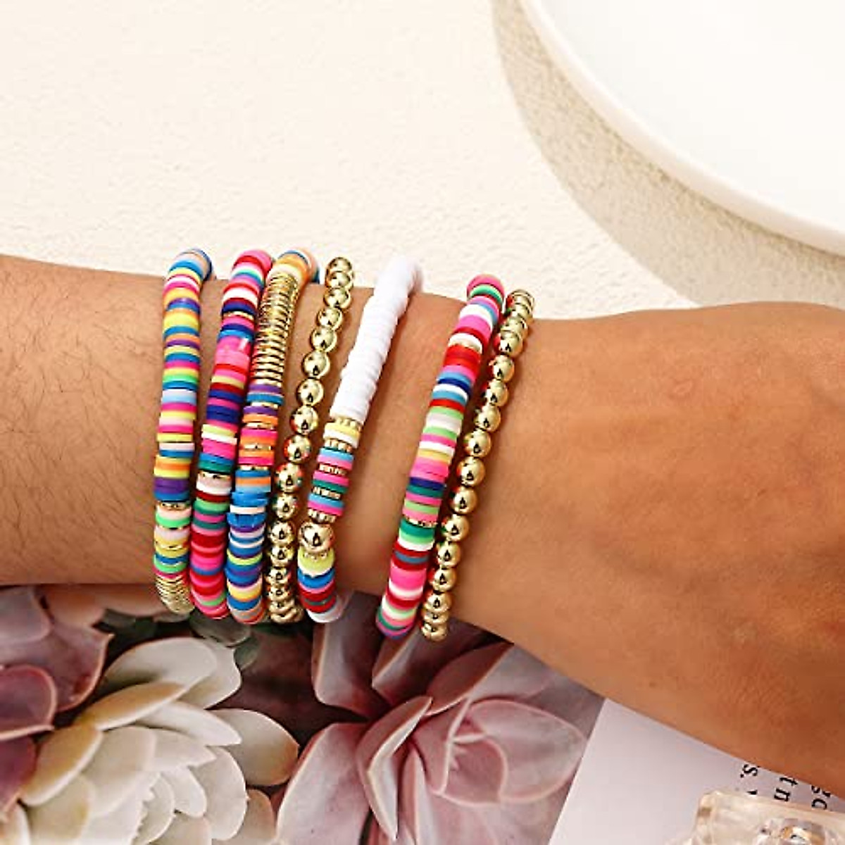 DIMISHIN Heishi Bracelet for Women Clay Bead Bracelet Stackable Beaded Stretch Bracelet Elastic Layered Colorful Beaded Bracelet Set (Colorful 7pc)