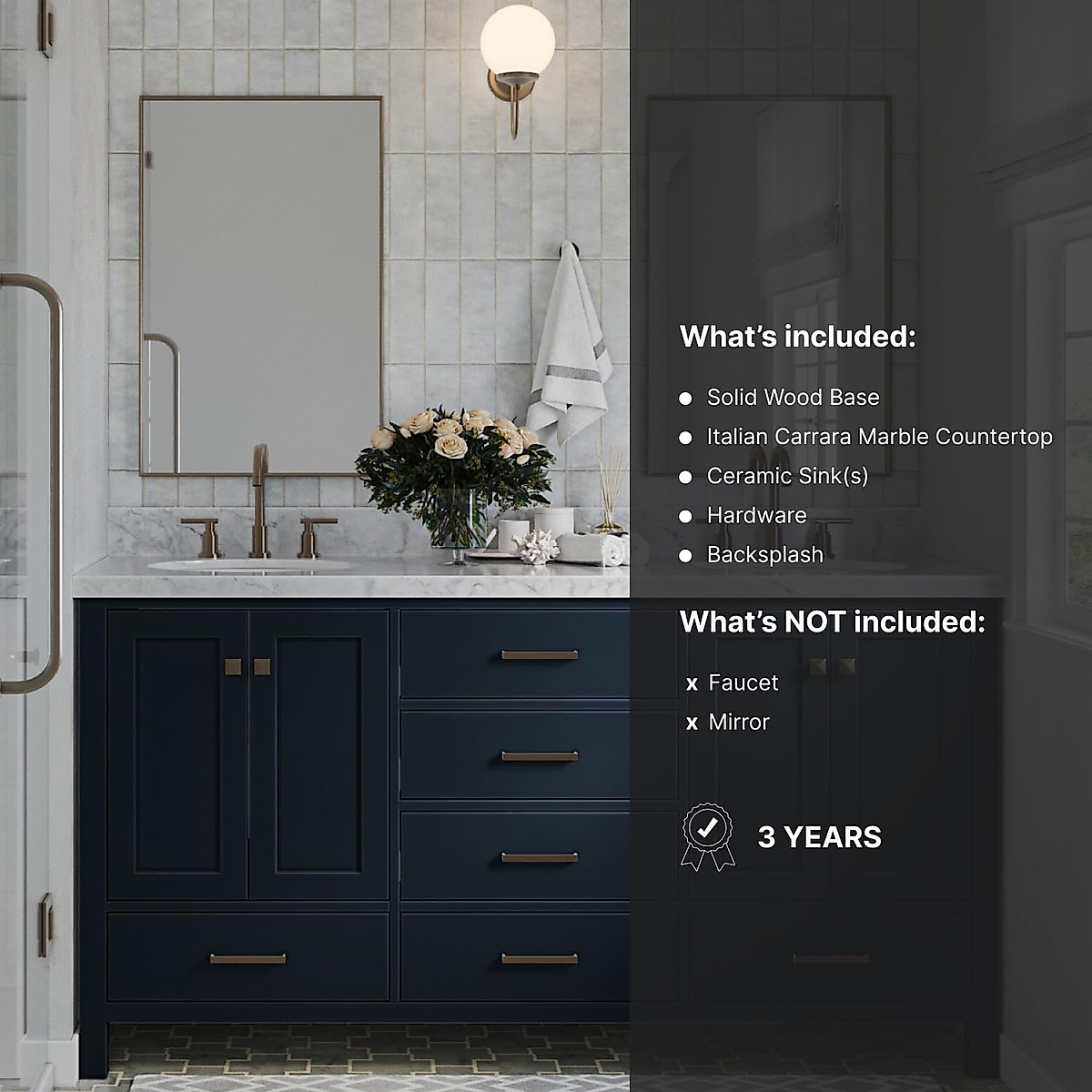 ARIEL 67" Midnight Blue Double Bathroom Vanity with 1.5" Edge Italian Carrara Marble Countertop & Splash, 2 Oval Sinks, 4 Soft Closing Doors, 6 Full Extension Dovetail Drawers, Satin Brass