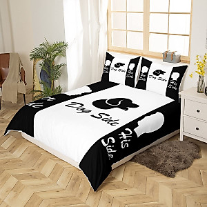 Dog Side and My Side Printed Comforter Cover King Size Couple Bedding Comforter Set Black White Dog Printed Decor Bedding Set for Adult Couple Romantic Theme Soft Duvet Cover with Zipper Closure