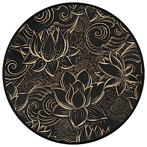 Luxurious Lotus Flower Round Rug 5.2Ft Black Non Slip Round Area Rug for Bedroom Living Room, Soft Throw Rugs Play Rug Circular Area Rugs Circle Playhouse Carpet