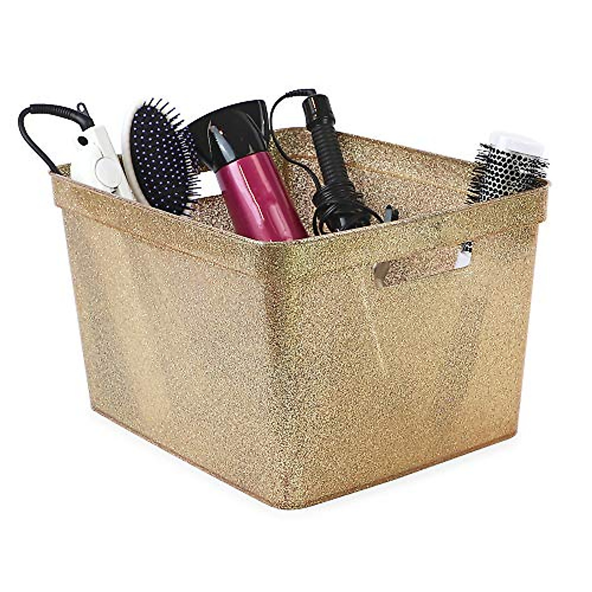 Isaac Jacobs Large Glitter Storage Bin (14” x 11.5” x 8.75”) Set w/Cut-Out Handles, Plastic Organizer, Multi-Functional, Home Storage Solution, Kids Playroom, Bedroom, Closet (2, Gold)
