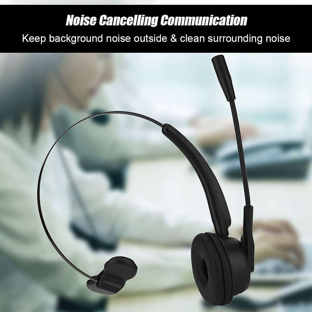 Bluetooth Business Headset with Mic, 12 Hours, Noise Cancelling, Comfortable Wearing, Lightweight for Call Center, Computer, Telephone, Desktop Box