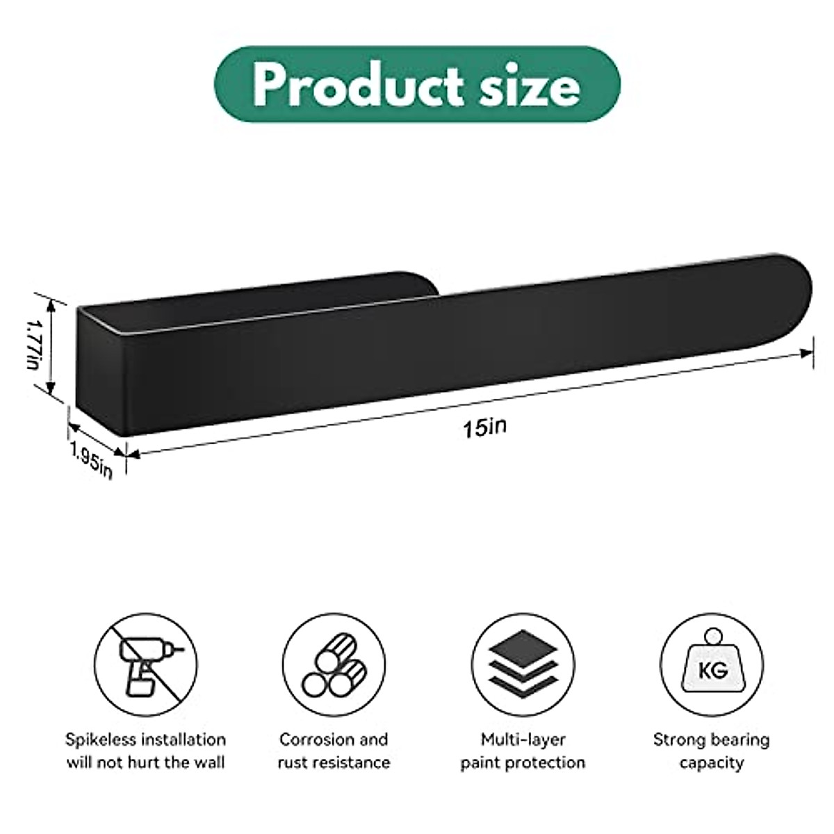 Bicico Hand Towel Holder, Black Towel Bar, 15 Inch Self Adhesive Bathroom Hand Towel Holder Stick on Wall