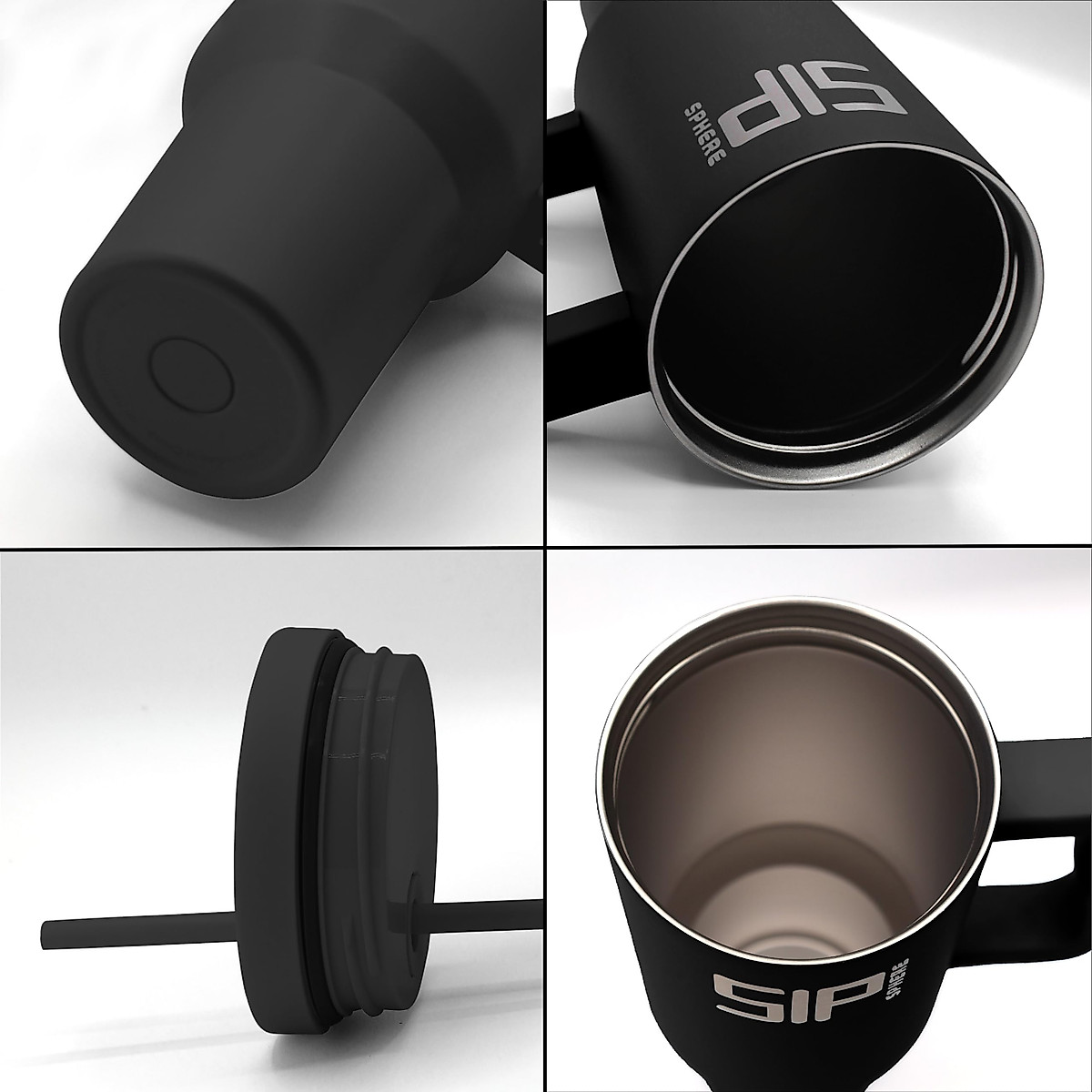 SIP SPHERE 40oz, Travel Mug, Insulated Thermal Mug, 2 Straw Tumbler, Reusable Coffee Mug, Drinking Glass, Tumbler Cup for Coffee, Tea, Whiskey, Juice (Midnight Black)